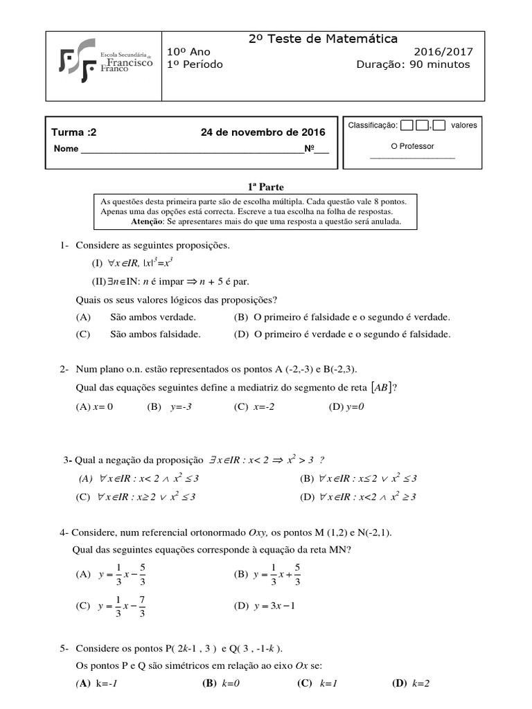 Teste de Matemática 10º Ano - 1ª Parte | PDF | Verdade | Lógica matemática