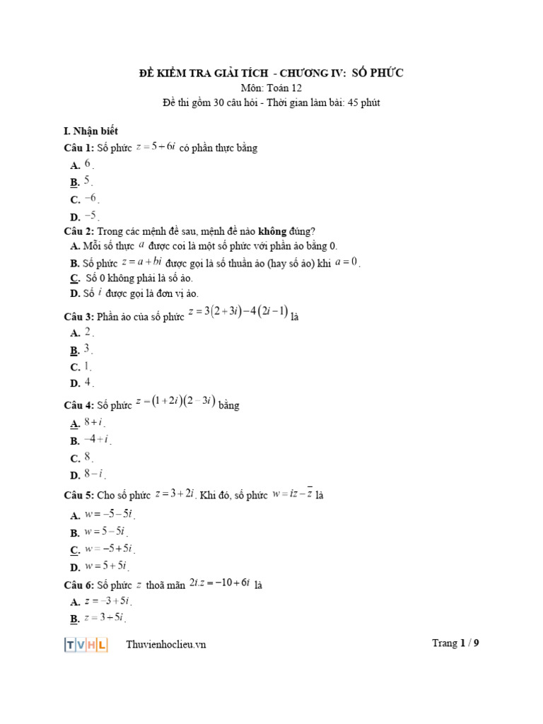 12 Ktra GT Chuong IV So Phuc de 1 | PDF