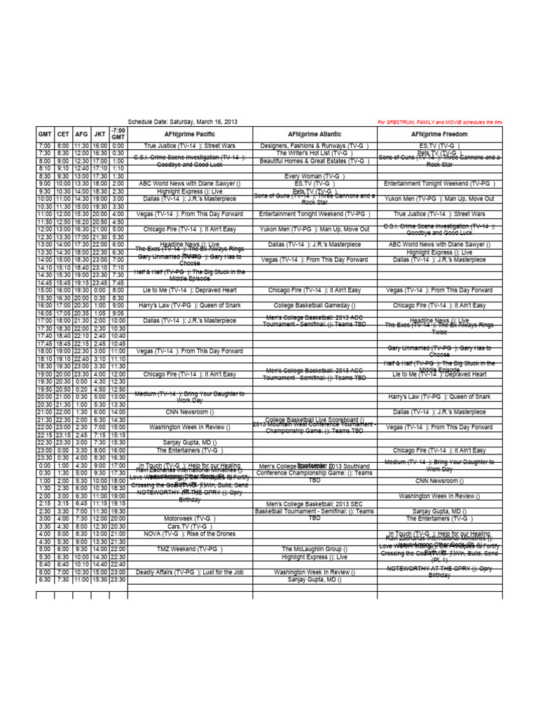 Afn Schedules 16mar2013 | PDF | Entertainment | Television