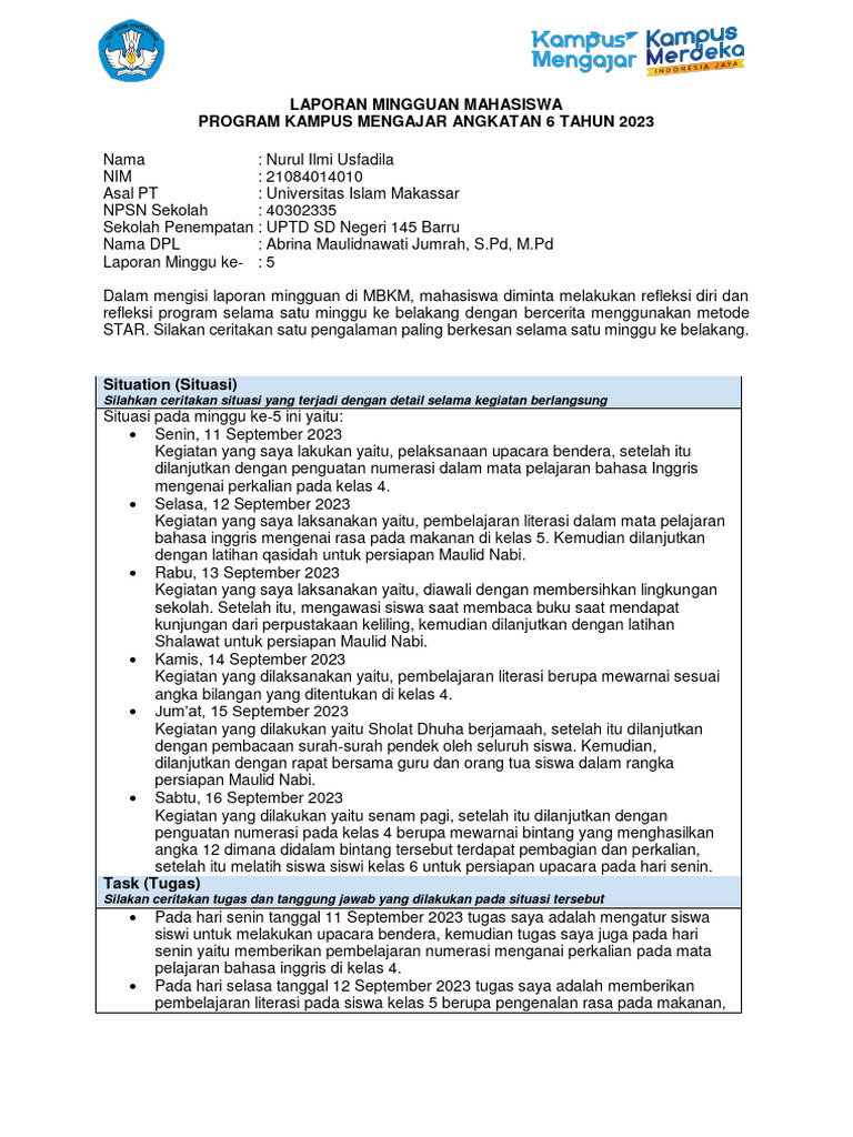 (Format) Laporan Minggu Ke-5 KM 6 (Nurul Ilmi Usfadila) | PDF | Seni & Disiplin Bahasa ...