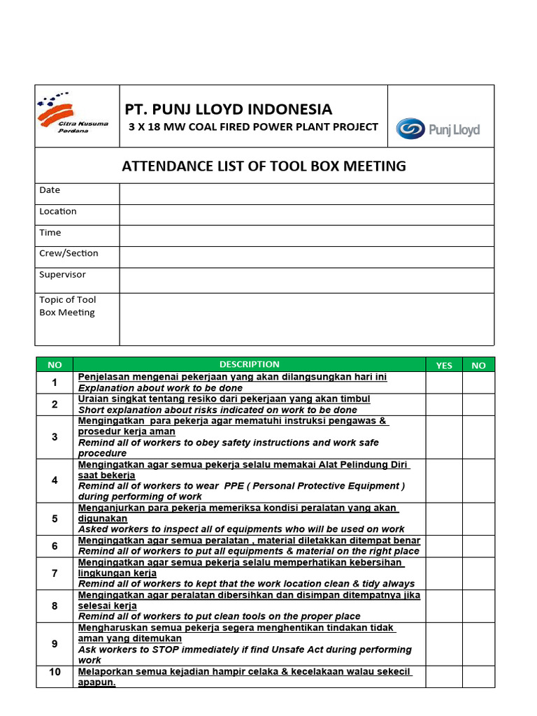 02 PLI-Form - Attendance List of Tool Box Meeting | PDF