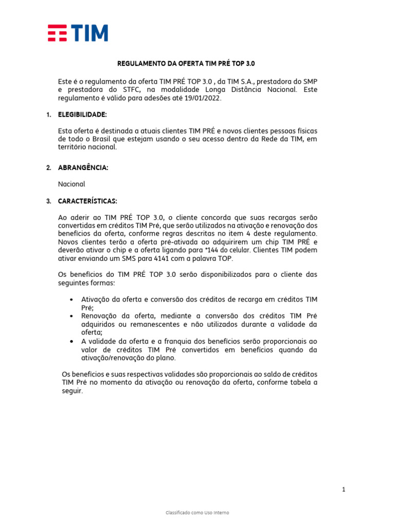 Regulamento Oferta TIM PRE TOP | PDF | Aplicativo para celular | Internet