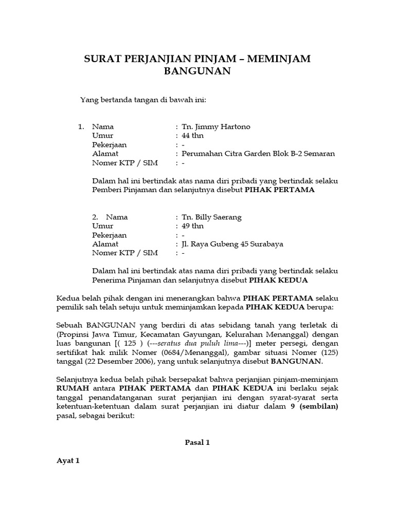 Surat Perjanjian Pinjam Pakai | PDF