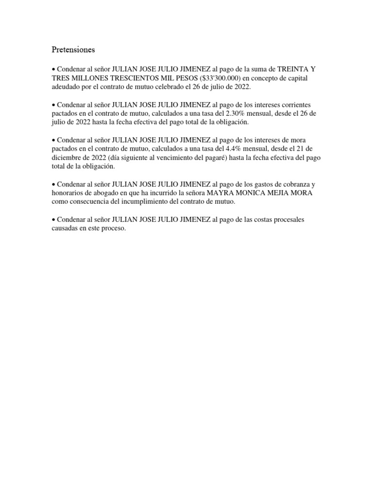 Pretensiones Proceso Ejecutivo | PDF