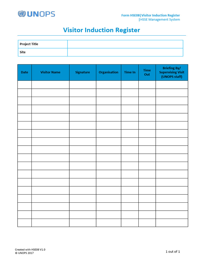 Form HSE08 Visitor Induction Register EN | PDF