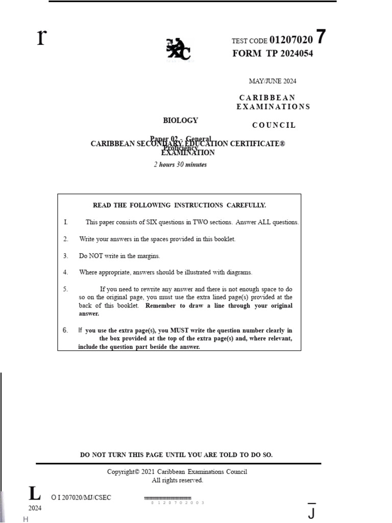 Biology 2024 CXC Past Paper | PDF