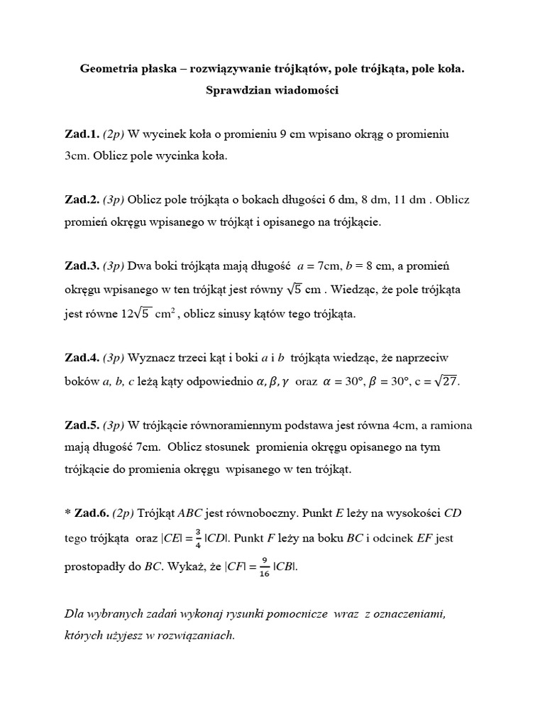Sprawdzian - Geometria Płaska cz2 Zr. | PDF