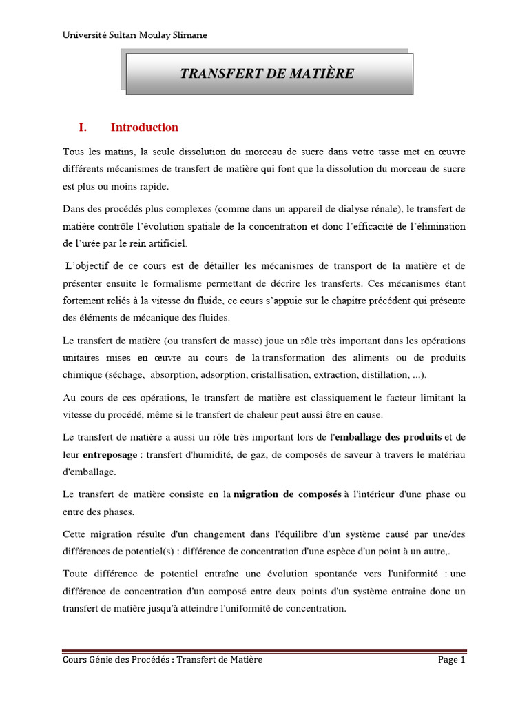 Cours sur le Transfert de Matière | PDF | La diffusion | Convection