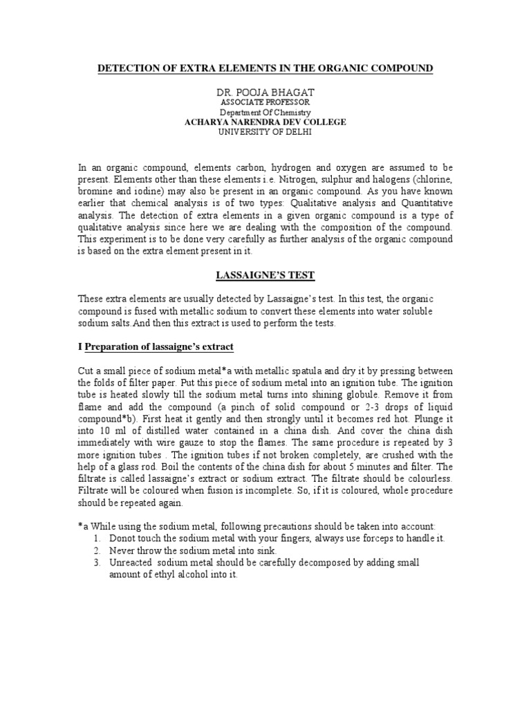 Detection of Extra Elements in Organic Compounds Through Lassaigne's ...