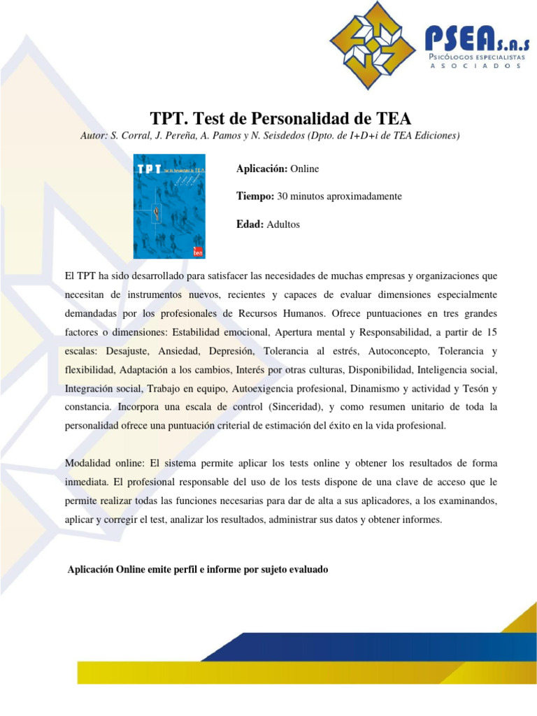 TPT. Test de Personalidad de TEA | PDF