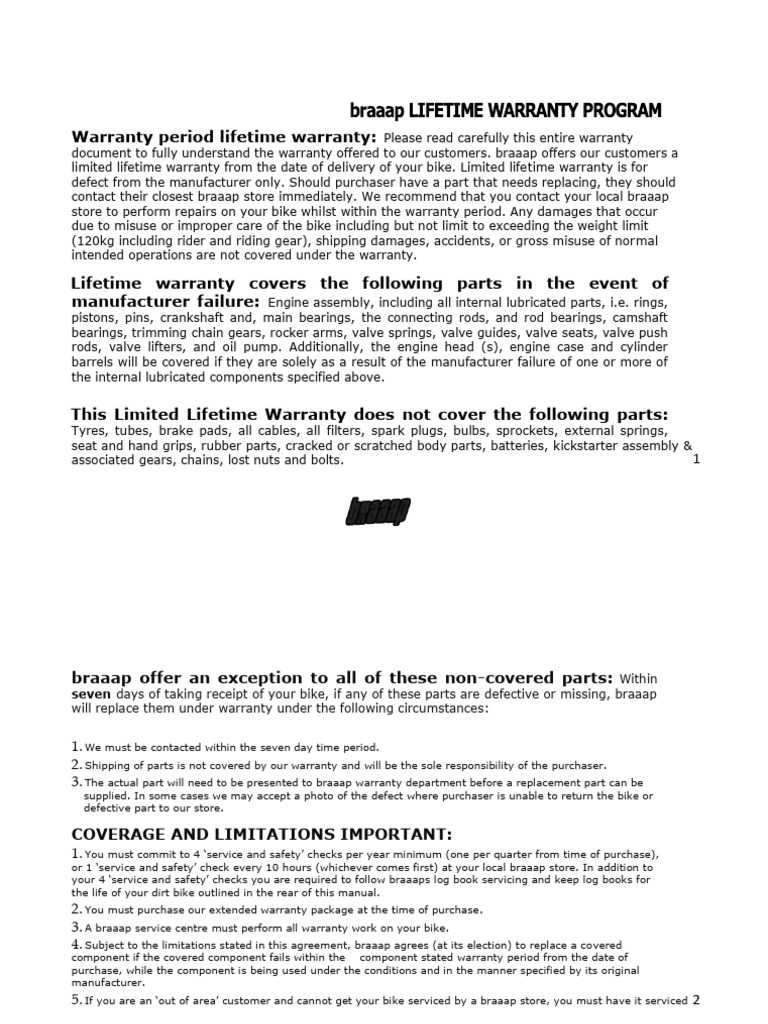Braaap 125 Motorcycle Warranty Guide | PDF | Motorcycle | Gasoline
