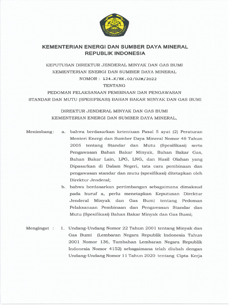 Kepdirjen Migas No 124 TH 2022 - Pengawasan Standar Mutu BBM | PDF