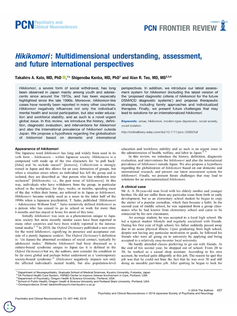 Hikikomori - Multidimensional Understanding, Assessment, and Future ...