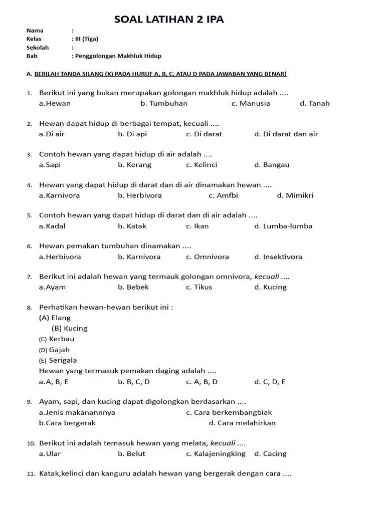 Soal IPA Kelas 3 SD Bab 2 Penggolongan Makhluk Hidup Dan Kunci Jawaban | PDF | Griya & Taman
