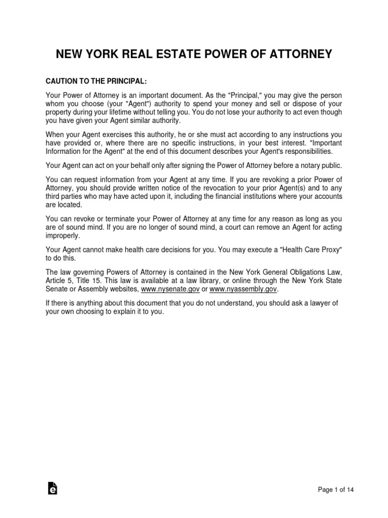 New York Real Estate Power of Attorney Form | PDF | Power Of Attorney ...