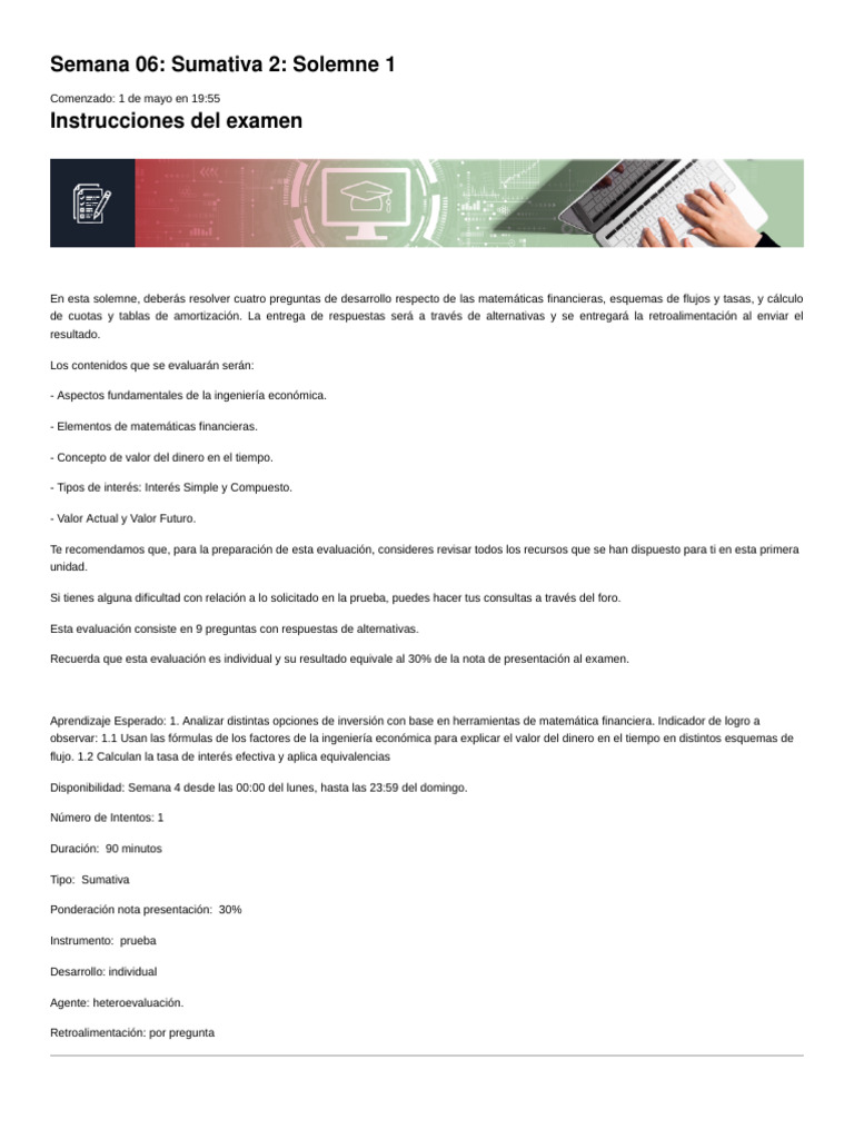 Examen Semana 06 Sumativa 2 Solemne 1 | PDF | Finanzas Matemáticas | Interés