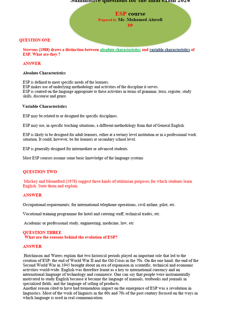 Summartive Questions For ESP Final Exam | PDF | Learning | Educational Assessment