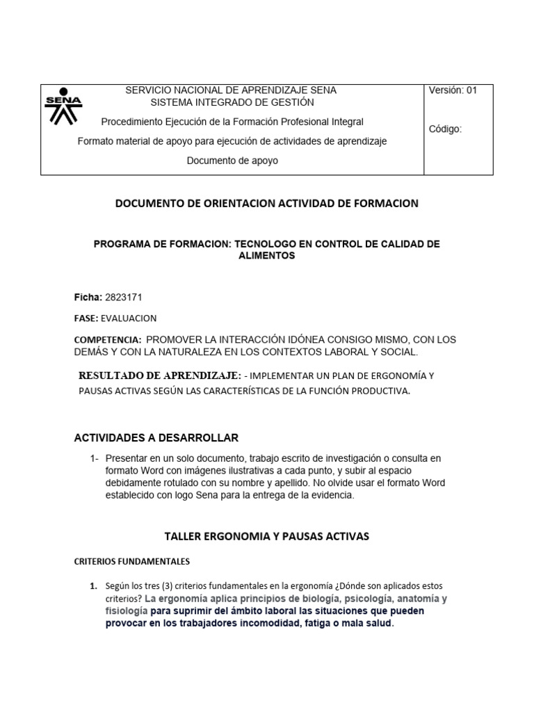 1 - FICHA 2823171 DOCUMENTO DE ORIENTACION ERGONOMIA Y PAUSAS ACTIVAS Gustavo Avella | PDF ...
