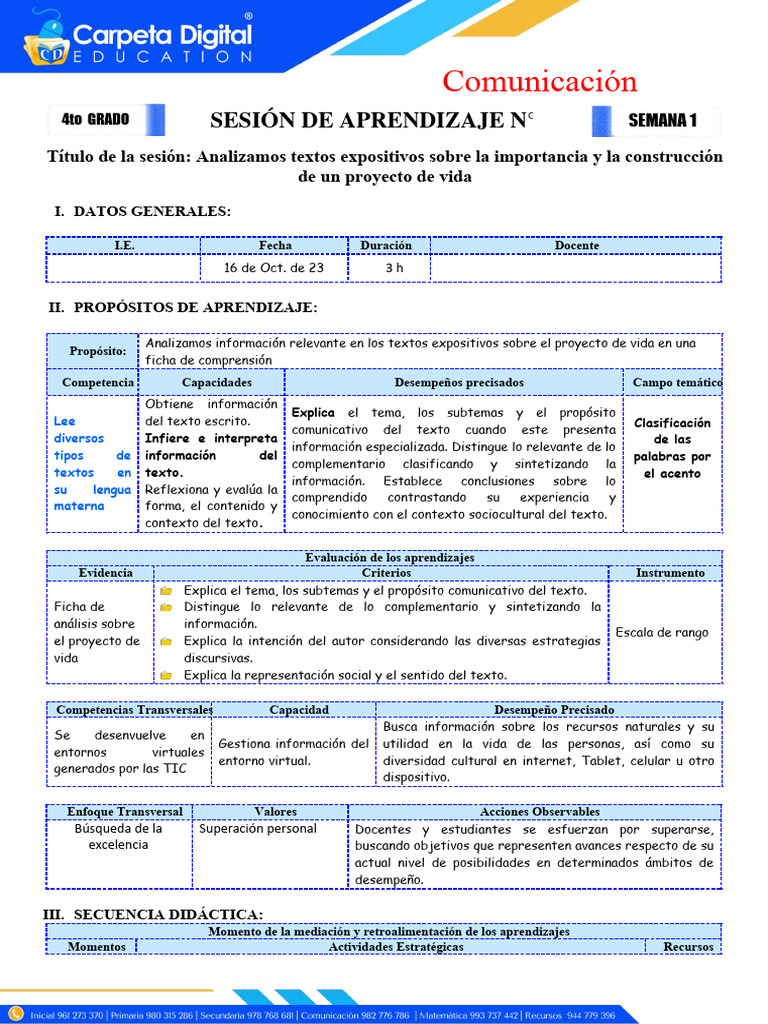 4° - Sesión - de - Aprendizaje 1-Sem.1-Exp.7-Com | Descargar gratis PDF | Aprendizaje | Evaluación