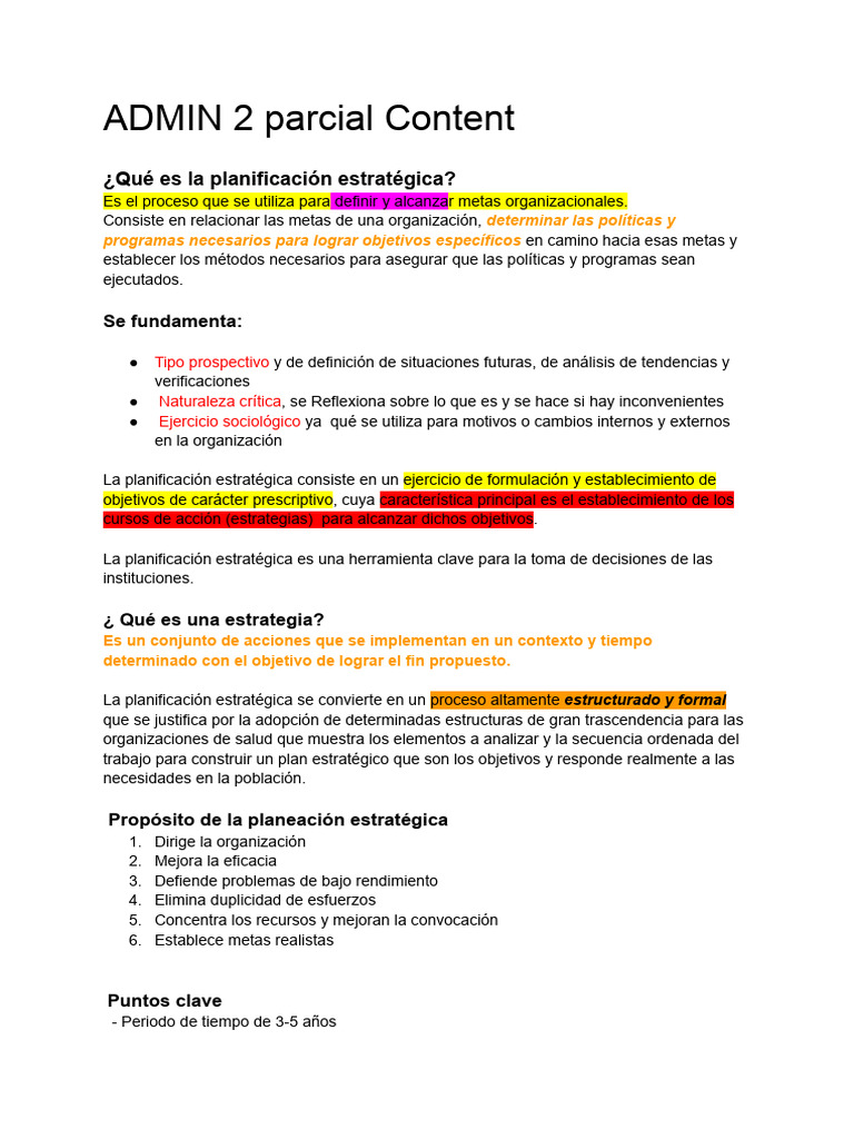 ADMIN 2 parcial Content | PDF | Planificación estratégica | Planificación