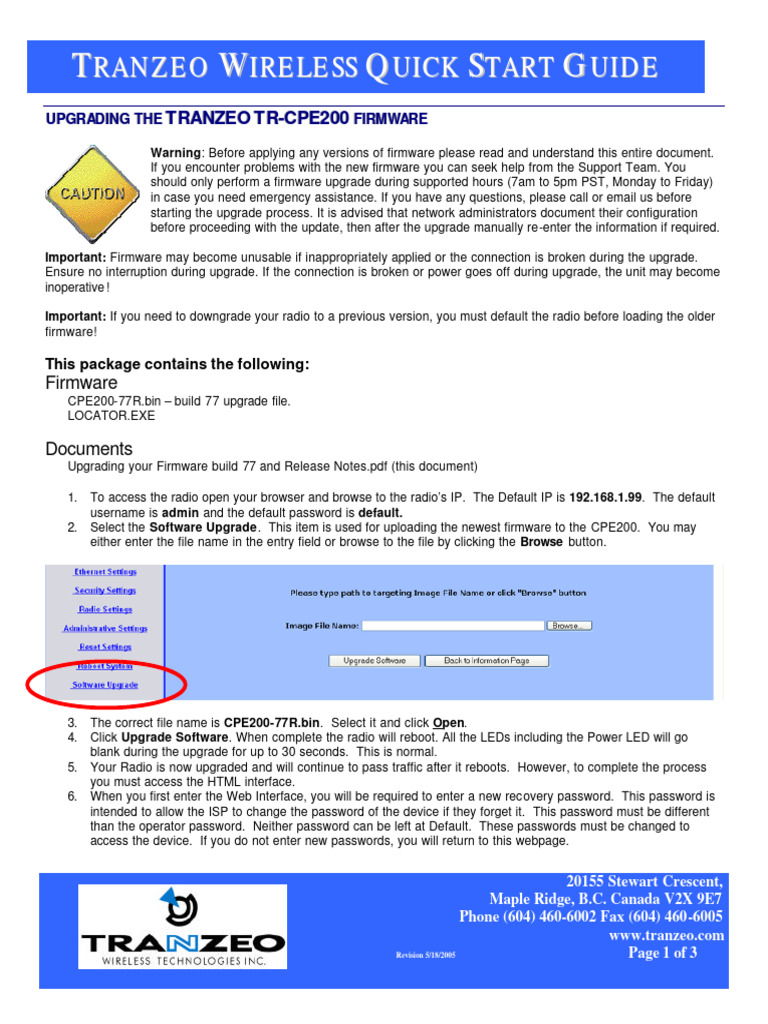 Tranzeo CPE200 Firmware Upgrade Guide | PDF | Wi Fi | World Wide Web