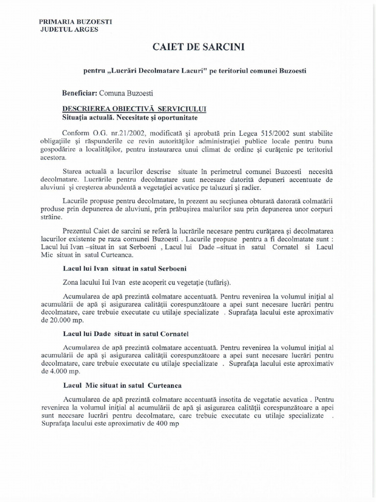 Caiet Sarcini Decolmatare Lacuri Comuna Buzoesti | PDF