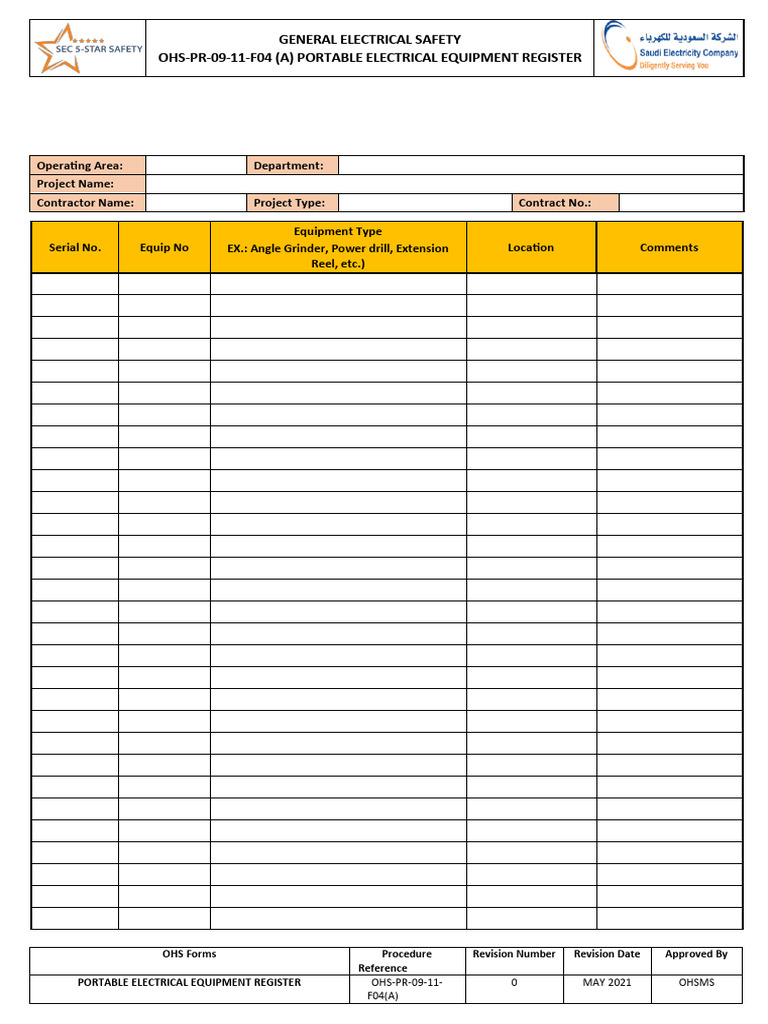 Ohs-Pr-09-11-F04 (A) Portable Electrical Equipment Register | PDF