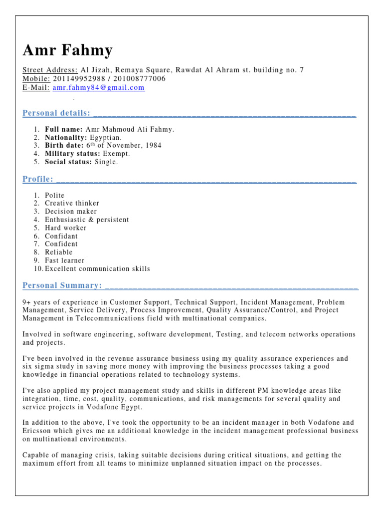 Amr Fahmy's Resume | PDF | Quality Assurance | Business
