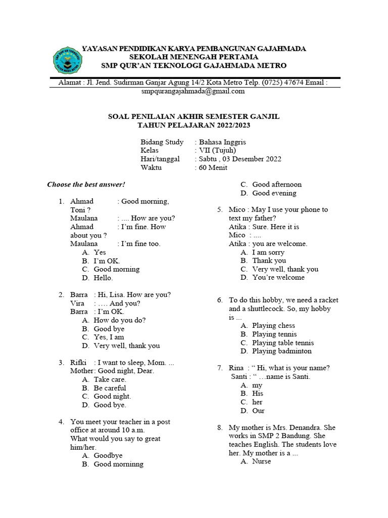 Soal Bahasa Inggris Ganjil 7 | PDF