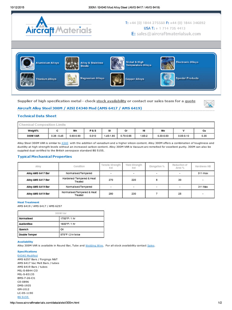 300M/E4340 Mod Alloy Steel Overview | PDF | Alloy | Steel