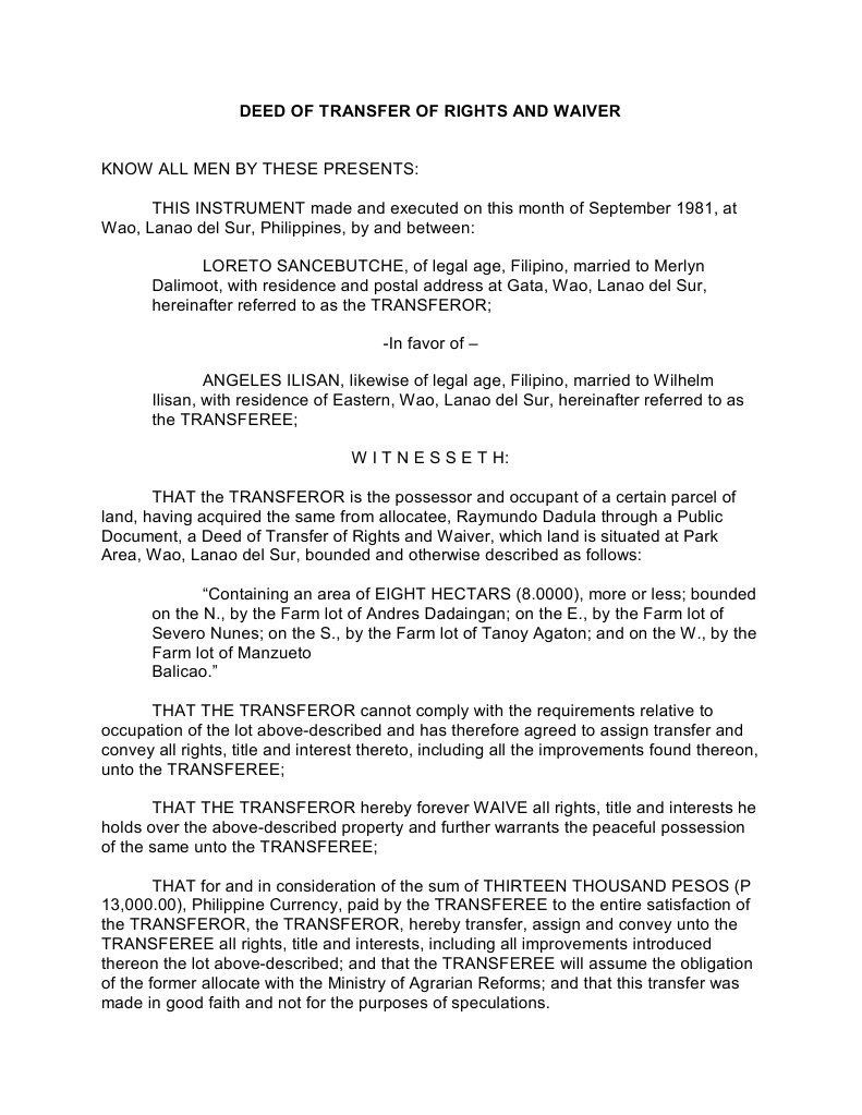 Deed of Transfer of Rights and Waiver | PDF