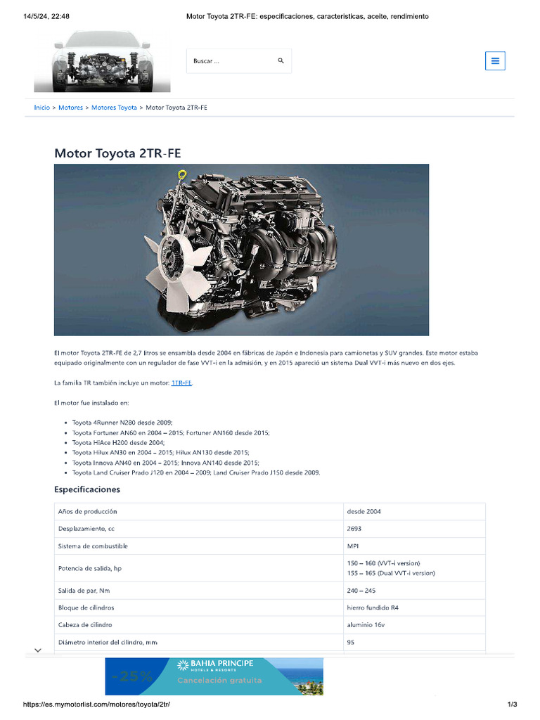 Motor Toyota 2TR-FE - Especificaciones, Caracteristicas, Aceite, Rendimiento | PDF