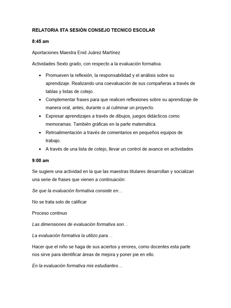 Relatoría 5ta Sesión CTE | PDF | Evaluación | Aprendizaje