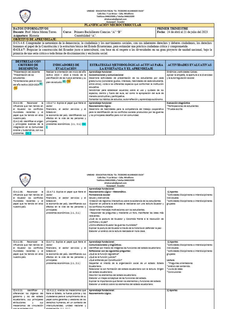 D.ULTIMA PLANIF. 9 SEM. HISTORIA PRIMERO Maria Moran (1) (1) 0j0 | PDF | Aprendizaje | Ecuador