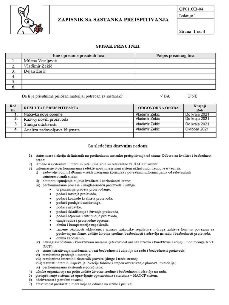 QP01.OB-04 Zapisnik Sa Sastanka Preispitivanja | PDF