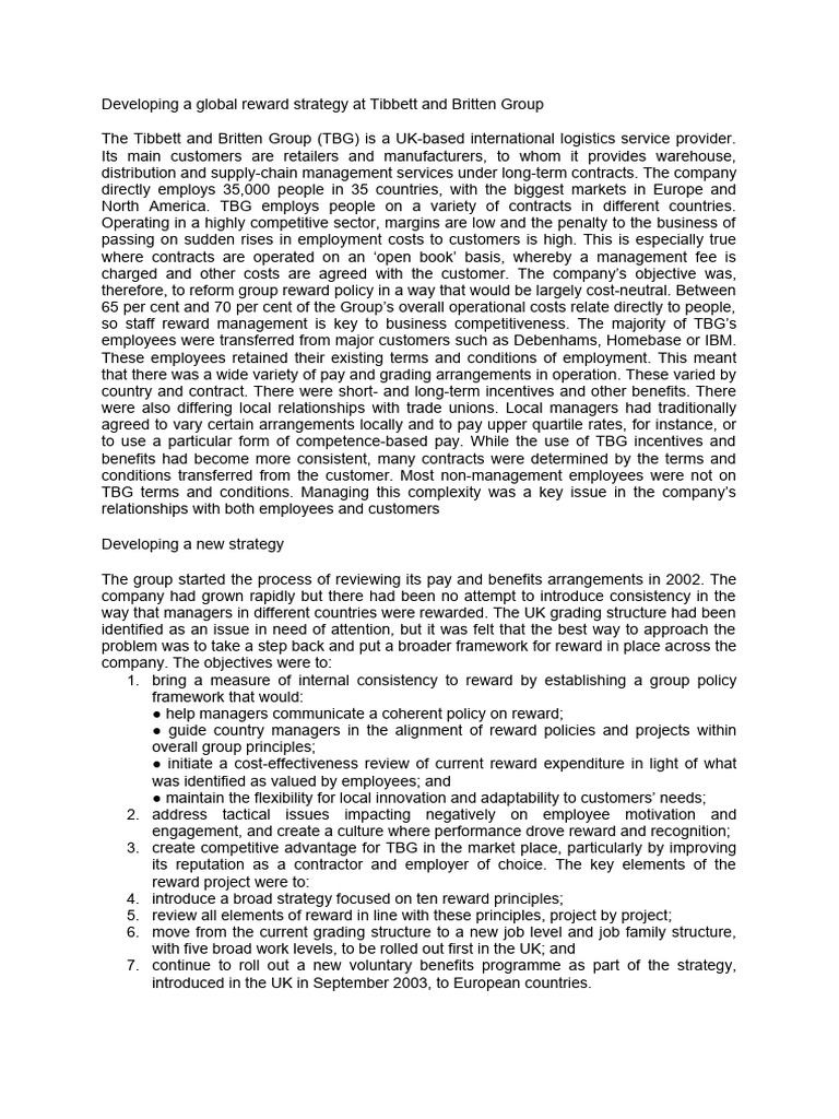 Developing A Global Reward Strategy at Tibbett and Britten Group | PDF ...