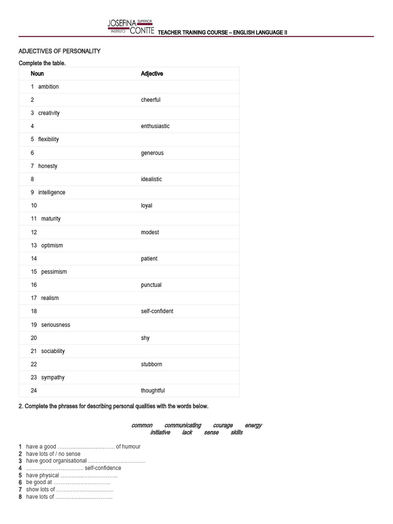 Adjectives of Personality Course | PDF | Adjective | Grammar