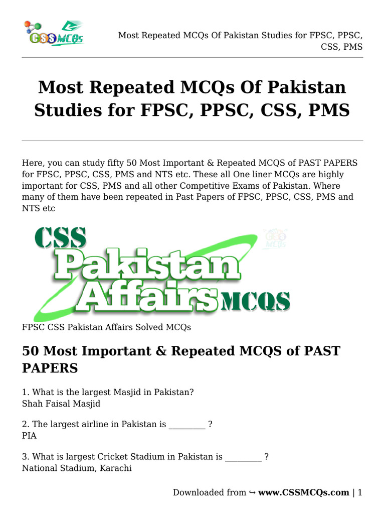 Most Repeated MCQs of Pakistan Studies For FPSC, PPSC, CSS, PMS | PDF ...