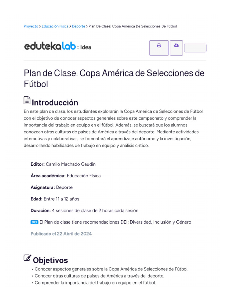 Plan de Clase - Copa América de Selecciones de Fútbol | PDF