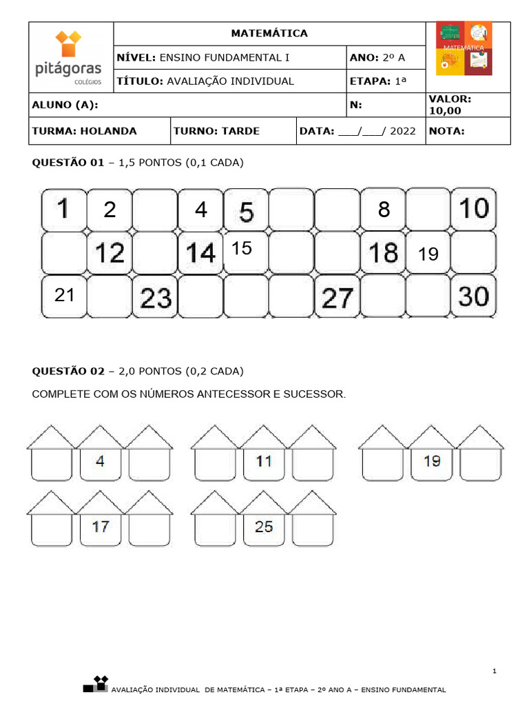 Avaliação De Matemática 1 Etapa 2ºano 2022 Pdf