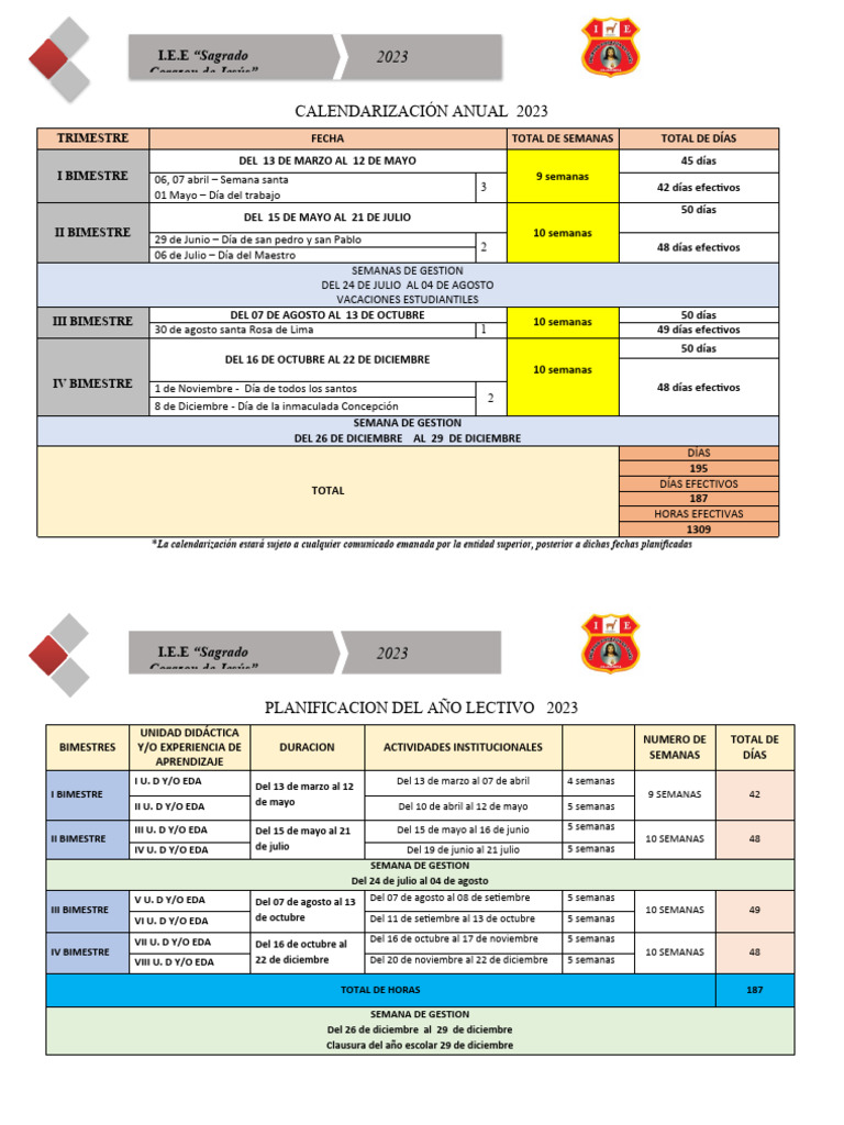 Calendarización Año Escolar 2023 - Horas Efectivas | PDF | Observancias | Días festivos
