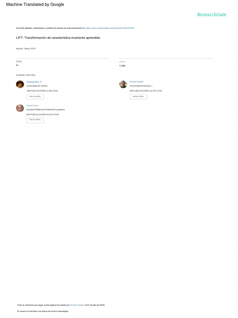 LIFT Learned Invariant Feature Transform | PDF | Visión por computador | Aprendizaje