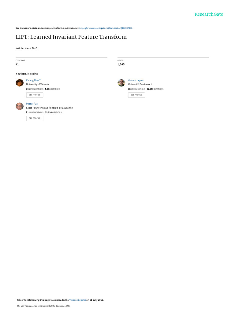 LIFT Learned Invariant Feature Transform | PDF | Computer Vision | Artificial Intelligence