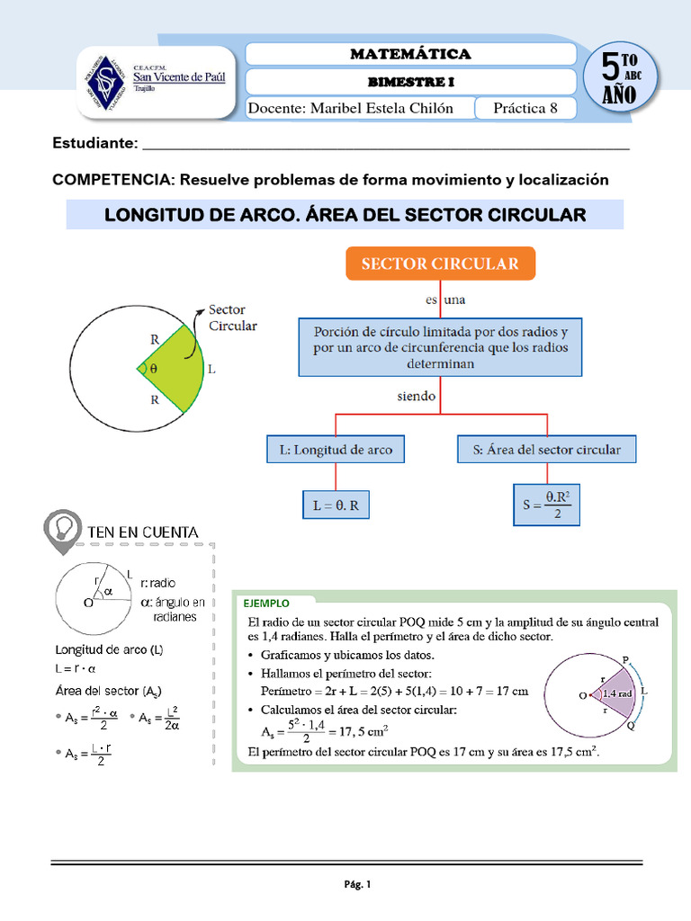 Practica 8 Longitud de Arco y Area Del Sector Circular | PDF | Curva