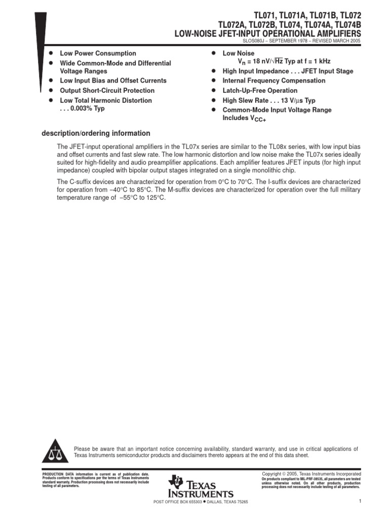 TL071 TL072 TL074 | PDF | Amplifier | Operational Amplifier