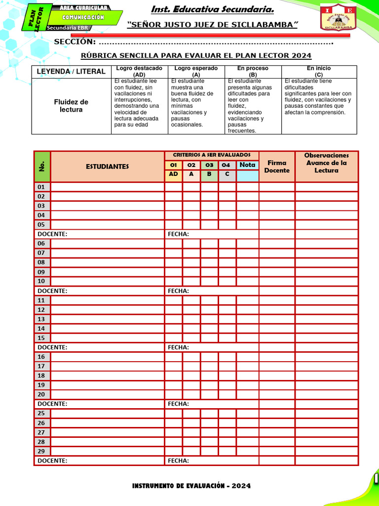 Ficha Plan Lector - 2024 | PDF | Aprendizaje