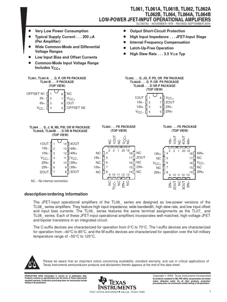 TL061 TL062 TL064 | PDF | Amplifier | Operational Amplifier