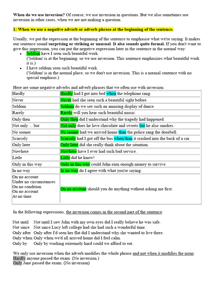 Inversion + Advanced Structures in Writing | PDF | Subject (Grammar) | Language Mechanics