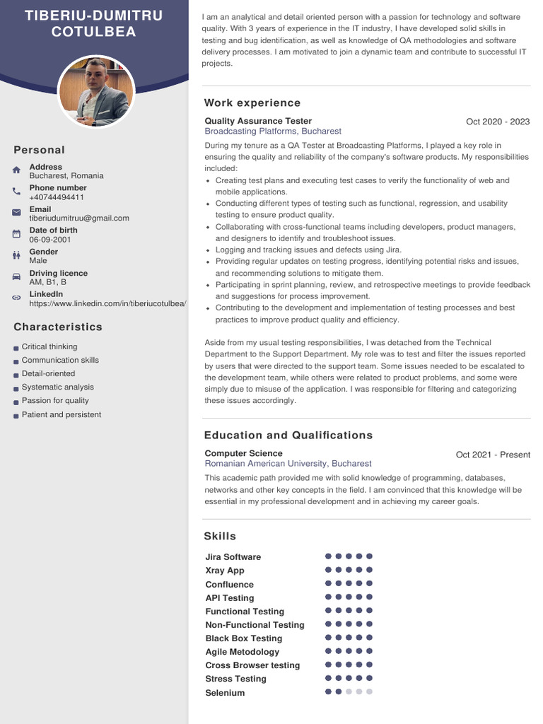 CV Tiberiu-Dumitru Cotulbea | PDF | Quality Assurance | Software Development Process