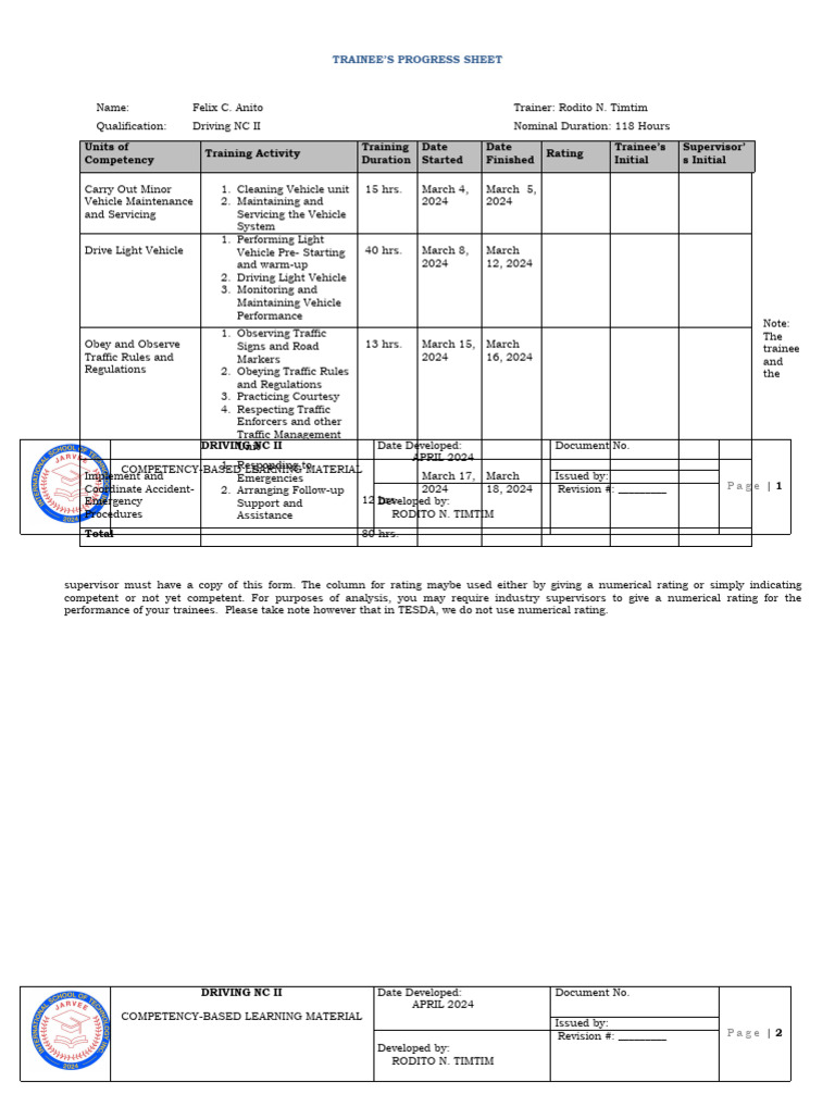 TRAINEE’S PROGRESS SHEET | PDF | Traffic | Transport